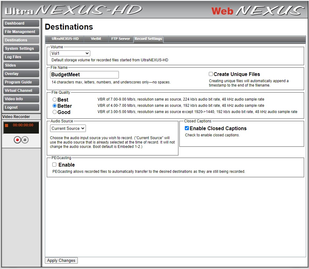 Recording from the WebNEXUS Browser Interface of an UltraNEXUS-HD Series Server